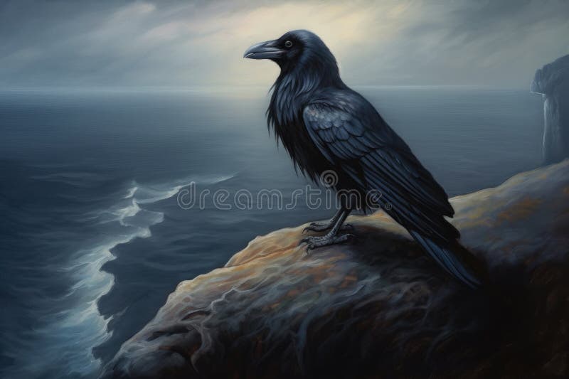 Illustration of Raven on Dark Cliffs, Seascape View Stock Illustration ...