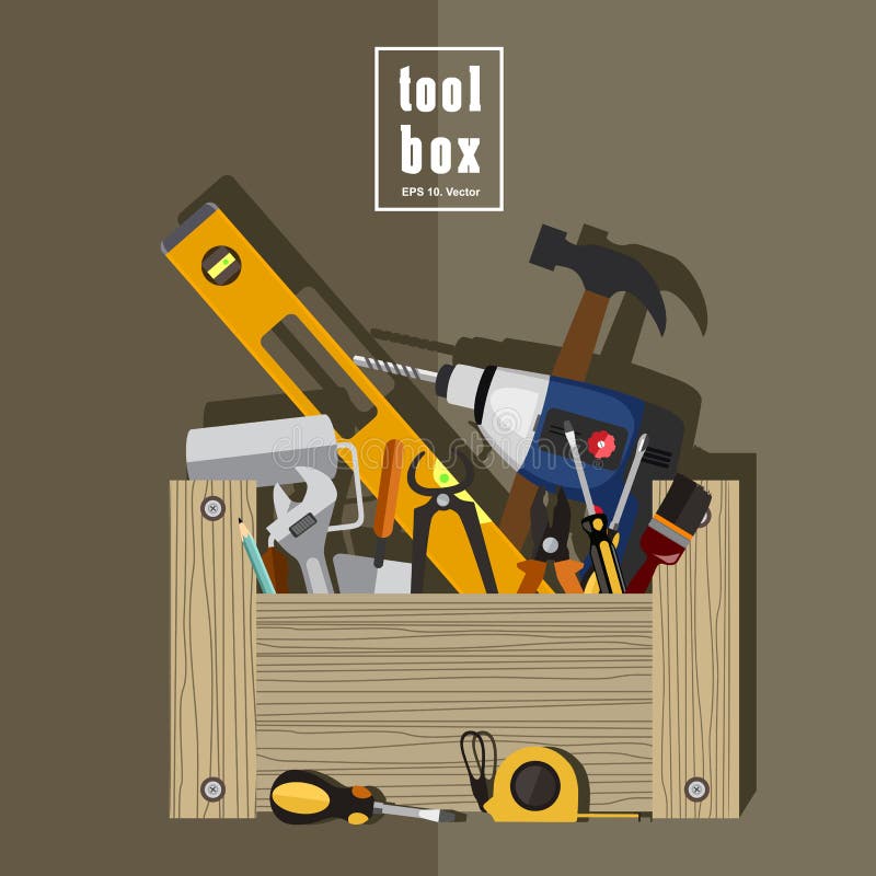Illustration of Realistic Wooden Box with Tools, Construction Tools ...