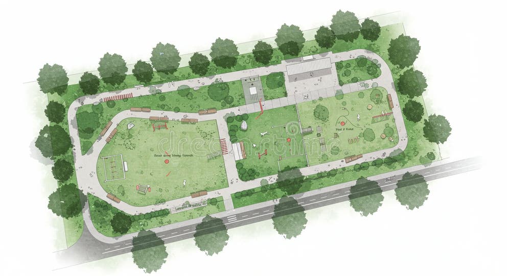 Illustration of a Rectangular Park Layout with Walking Paths, Grassy ...