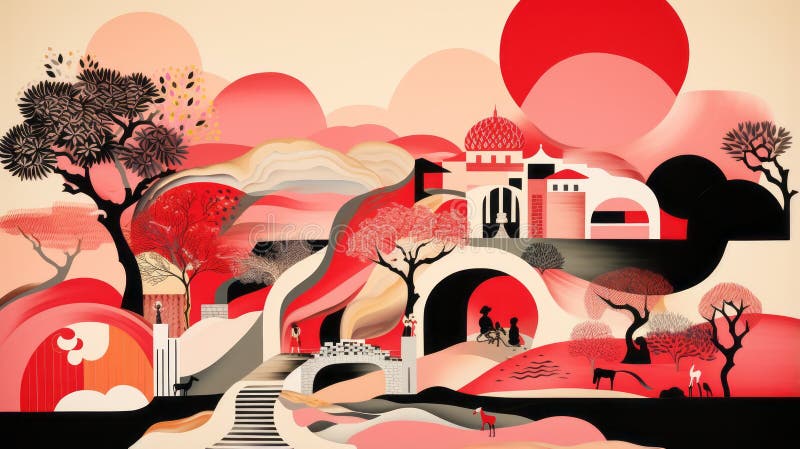 An Illustration of a Red and Black Landscape with Trees and People ...