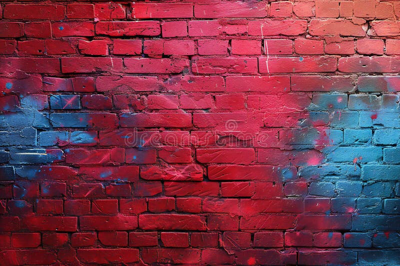Red Brick Wall Background with Colorful Graffiti, Red and Blue Colors ...