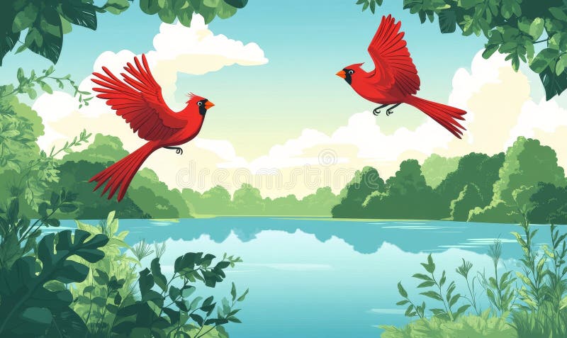 Illustration of a Red Cardinal Flying Over a Lake or Sea Stock Image ...