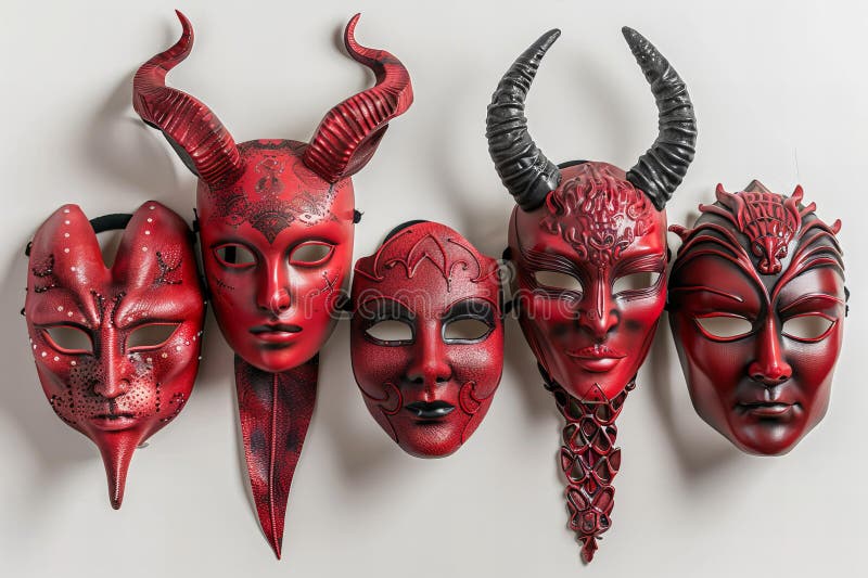 Red Devil Masks, Different Styles and Shapes, White Background, Product ...