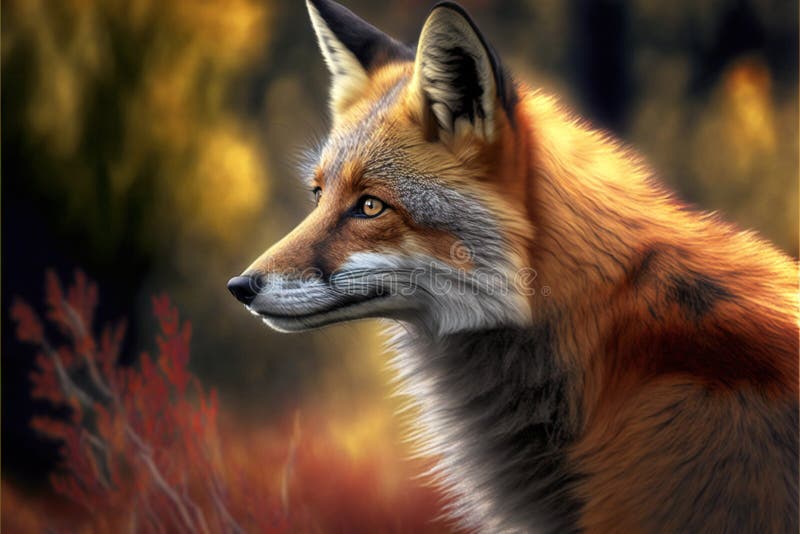 Red Fox Portrait with Forest Background, Creative Digital Illustration ...