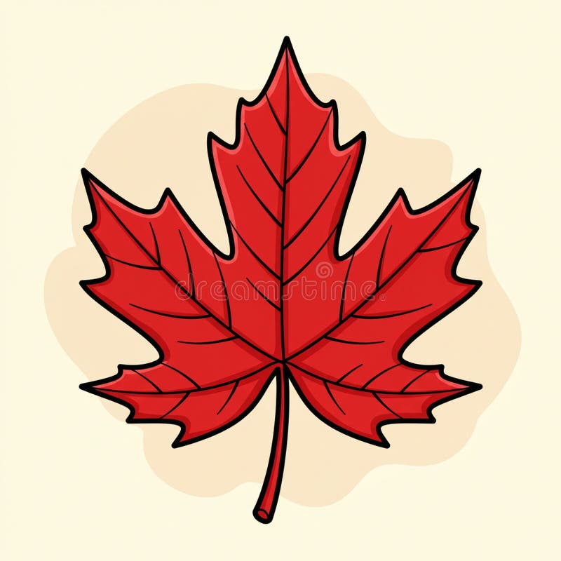 Illustration of a Red Maple Leaf. Features Bold Black Outlines and ...