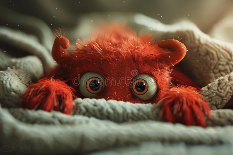 Red Monster with Big Eyes Laying on the Blanket, High Quality, High ...