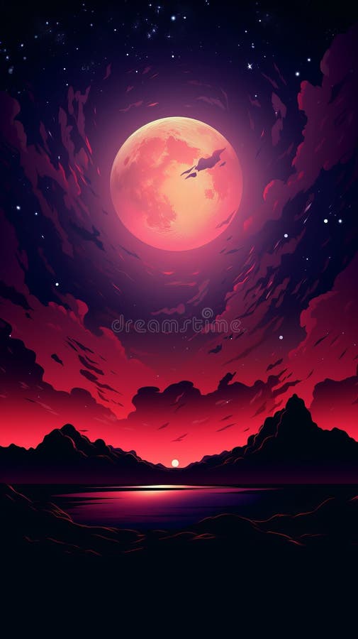 An Illustration of a Red Moon Over a Lake and Mountains Stock ...