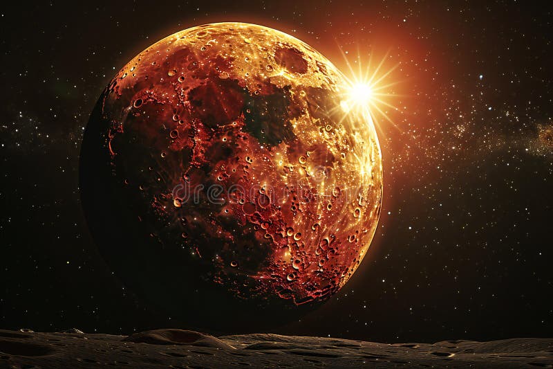 A Red Moon in Space with the Sun Behind it. in Front of the Moon is a ...