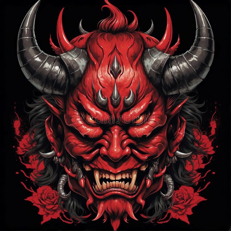 Illustration of a Red Oni Mask with Horns and Sharp Teeth Facing ...