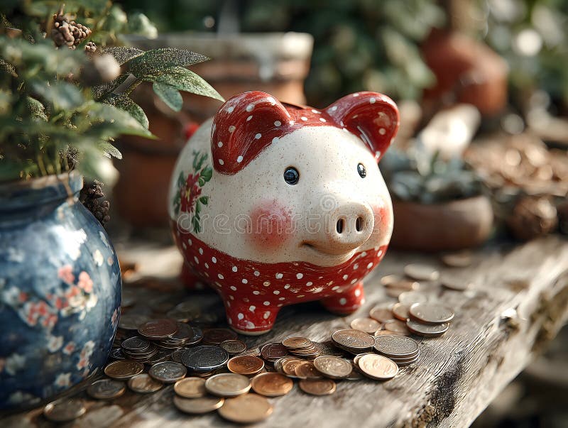 Red Piggy Bank & Coins stock photo. Image of savings - 388709258