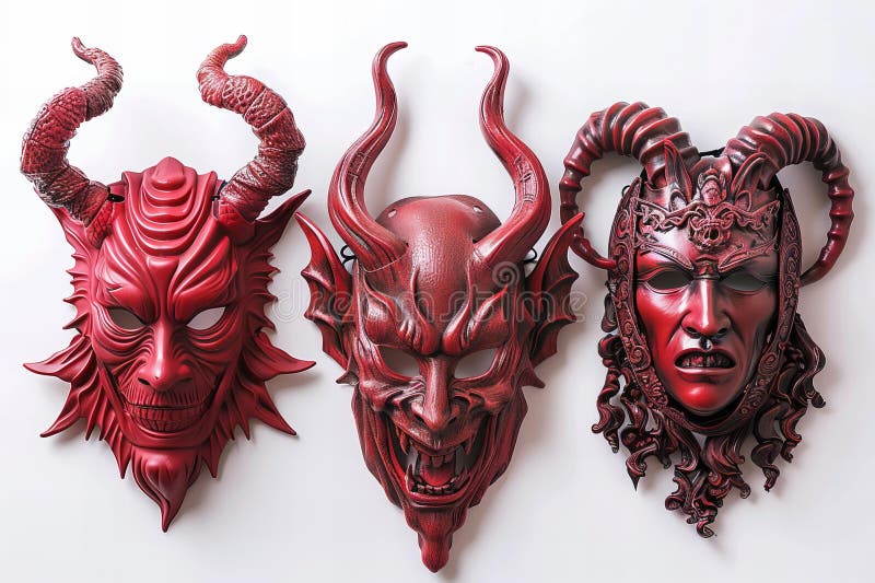 Red Plastic Devil Masks, Different Styles and Shapes, White Background ...