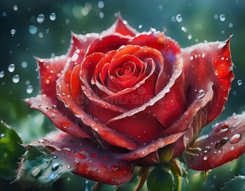 Illustration of a Red Rose with Dew Drops Stock Image - Image of rose ...