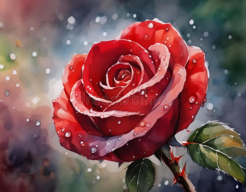 Illustration of a Red Rose with Dew Drops Stock Image - Image of bloom ...