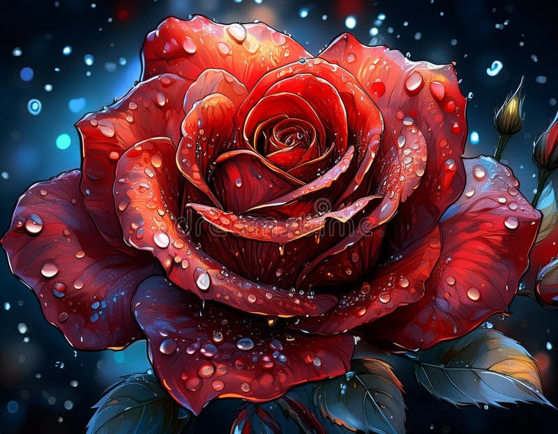 Illustration of a Red Rose with Dew Drops Stock Photo - Image of beauty ...