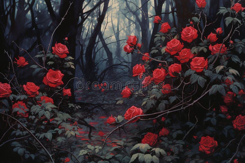 Illustration of Red Roses Flowers in the Dark Forest. Generative AI ...