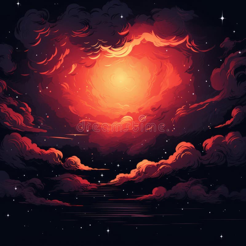 An Illustration of a Red Sky with Clouds and Stars Stock Illustration ...