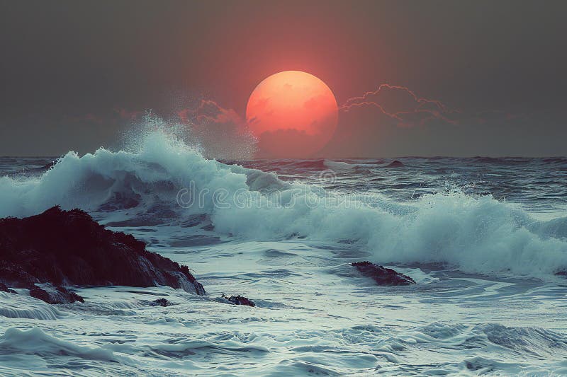 Illustration of Red Sun Rises Over the Ocean, High Quality, High ...