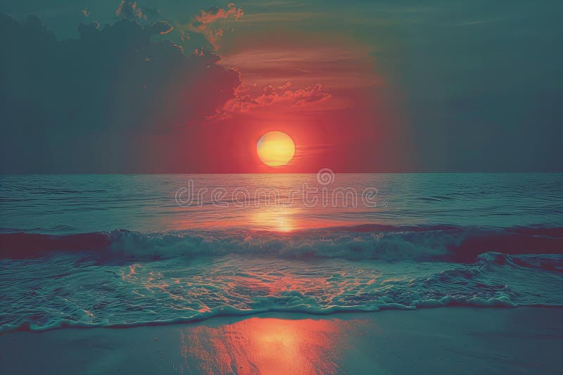 Illustration of Red Sun Rises Over the Ocean, High Quality, High ...