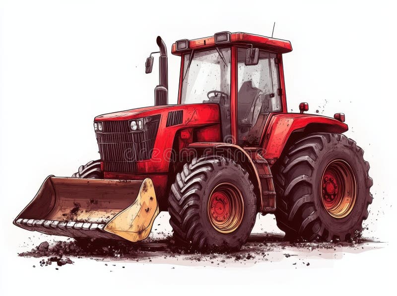 Illustration of a Red Tractor with a Front Loader on White Background ...