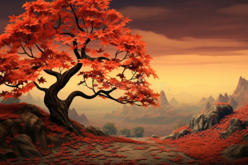 An Illustration of a Red Tree in the Middle of a Field Stock ...