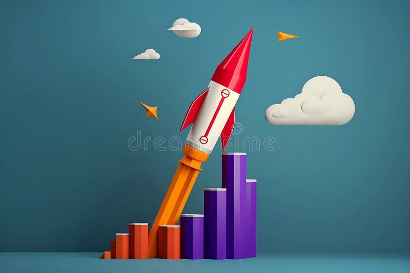 Illustration of a Red and White Rocket Going Upwards with a Light Blue ...