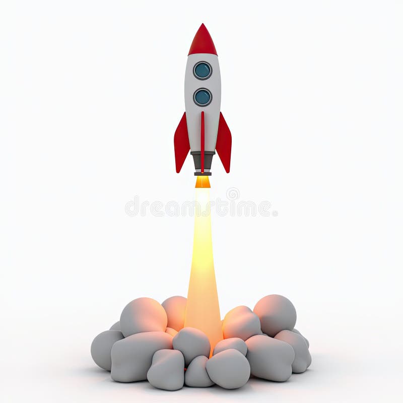 Illustration of a Red and White Rocket Launching with a Plume of Smoke ...