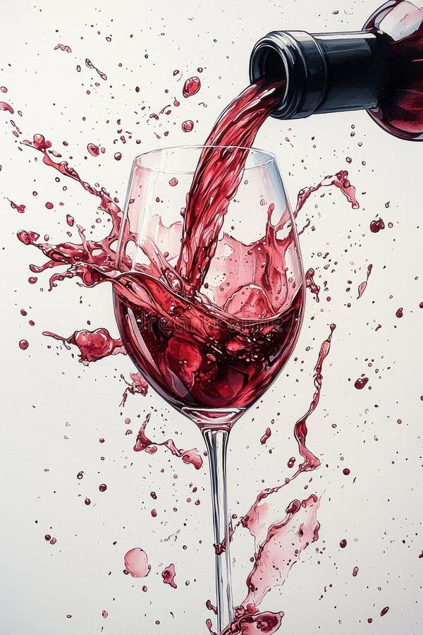 Illustration of Red Wine Being Poured from a Bottle with Splashes on a ...