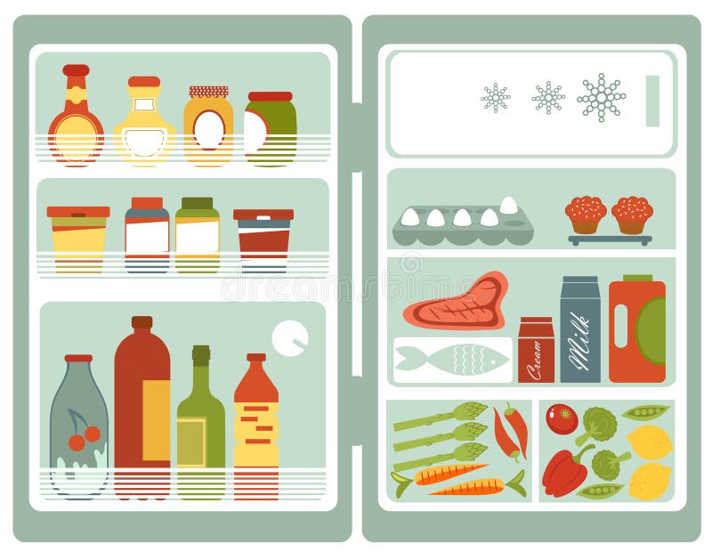 Open Refrigerator Full of Food and Drinks Stock Vector - Illustration ...