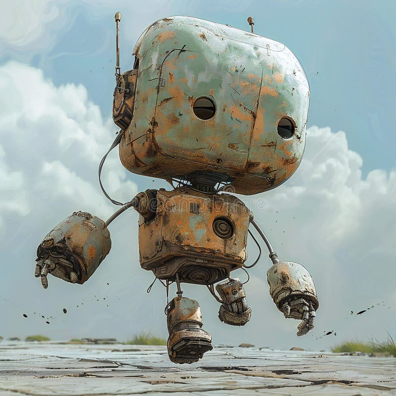 Rendering of an Old Rusty Robot on a Background of Blue Sky Stock ...