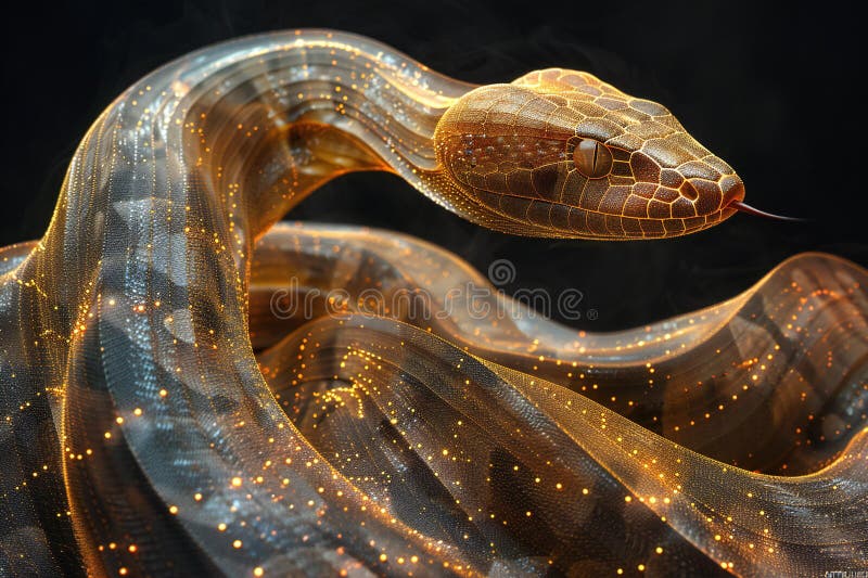 Rendering of a Snake on a Black Background with Glowing Particles Stock ...