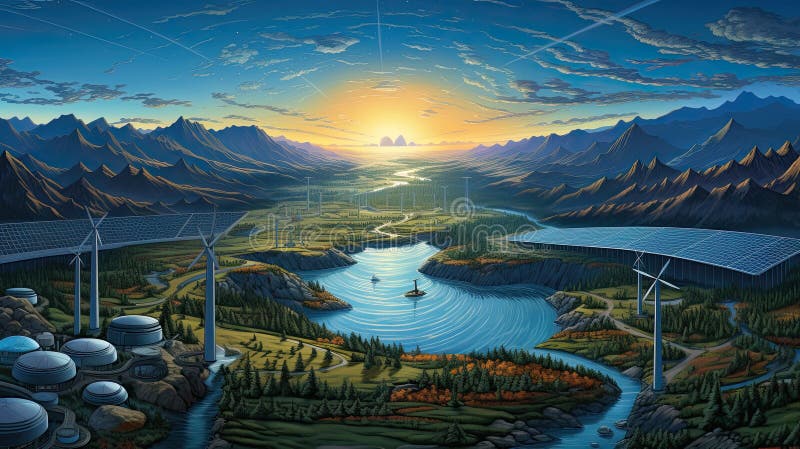 Illustration a Renewable Energy Landscape with Various Sources Working ...