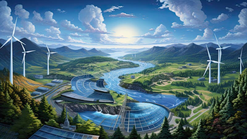 Illustration a Renewable Energy Landscape with Various Sources Working ...