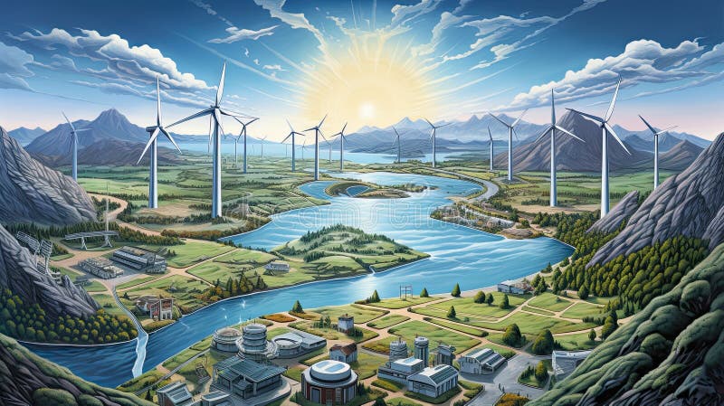Illustration a Renewable Energy Landscape with Various Sources Working ...