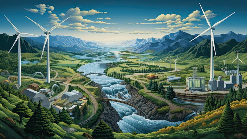 Illustration a Renewable Energy Landscape with Various Sources Working ...