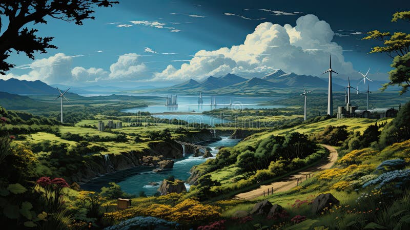 Illustration a Renewable Energy Landscape with Various Sources Working ...