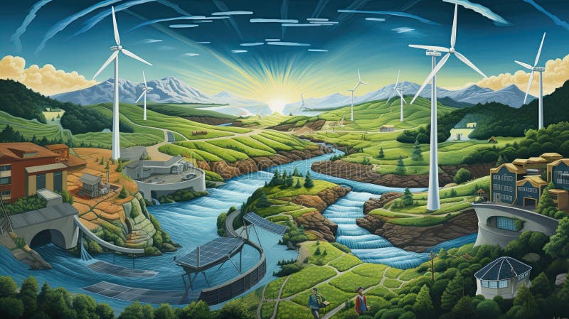 Illustration a Renewable Energy Landscape with Various Sources Working ...
