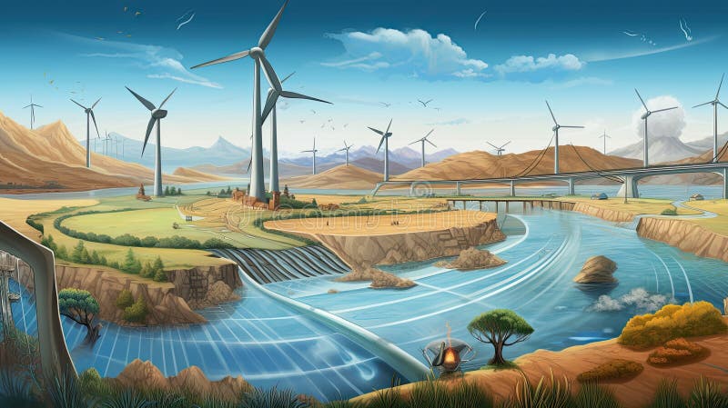 Illustration a Renewable Energy Landscape with Various Sources Working ...