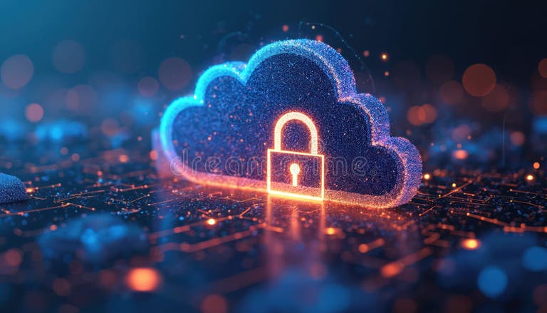 Illustration Represents Cloud Security Services. Stylized Cloud Icon with Padlock Symbol, Data ...