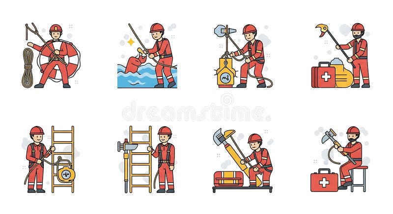 Illustration of Rescue Workers Performing Various Tasks Stock ...