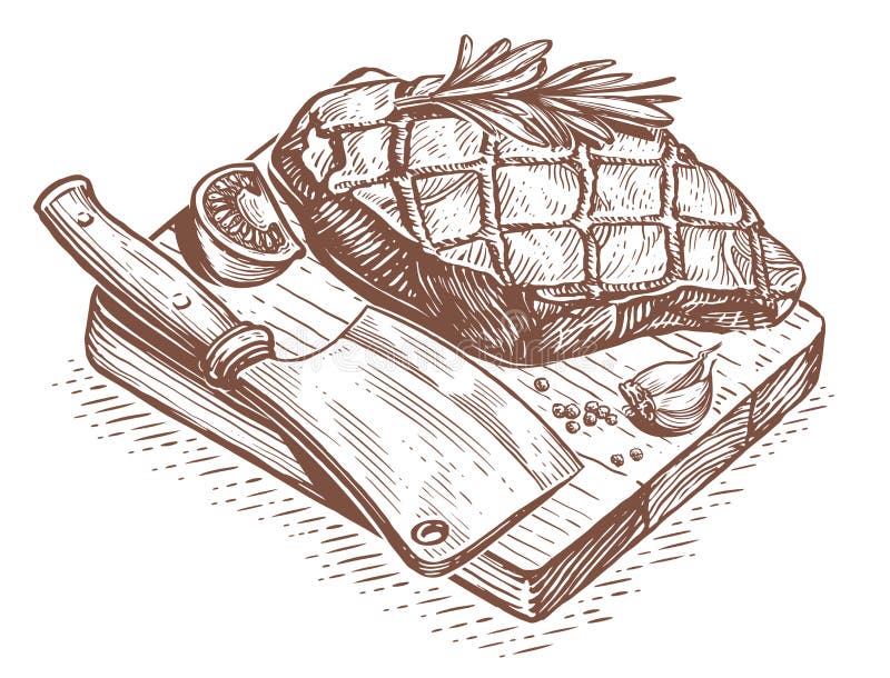 Sketch Hand Drawn Grilled Steak on Wooden Board with Cleaver Knife and ... Sketch Hand Drawn Grilled Steak on Wooden Board with Cleaver Knife and ...