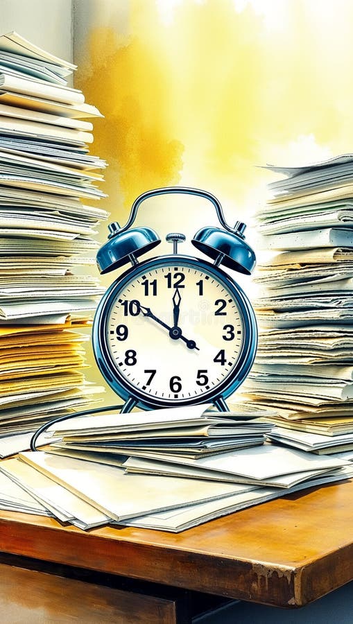 Alarm Clock with Paper Stacks Office Workplace Overwork Stress Busy ...