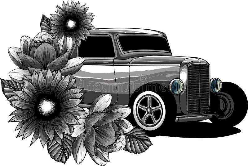 Monochromatic Illustration of Retro Hot Rod with Flower Stock Vector ...