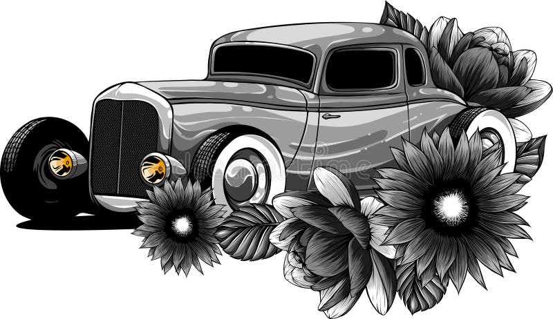 Monochromatic Illustration of Retro Hot Rod with Flower Stock Vector ...