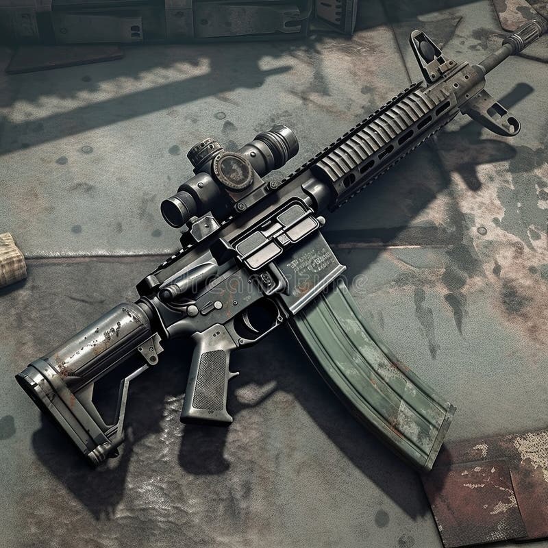 An Illustration of a Rifle Equipped with a Scope, Placed on a Table ...