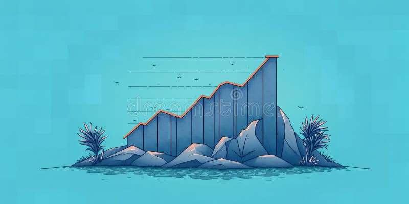 Illustration of a Rising Bar Graph on Rocks with Plants Against a Blue ...