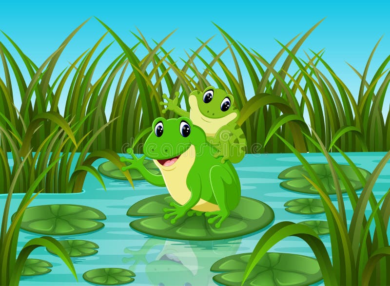 River Scene with Happy Frog on Leaf Stock Vector - Illustration of pond ...