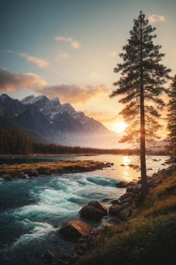 Illustration of River Stream with Sunset Stock Illustration ...