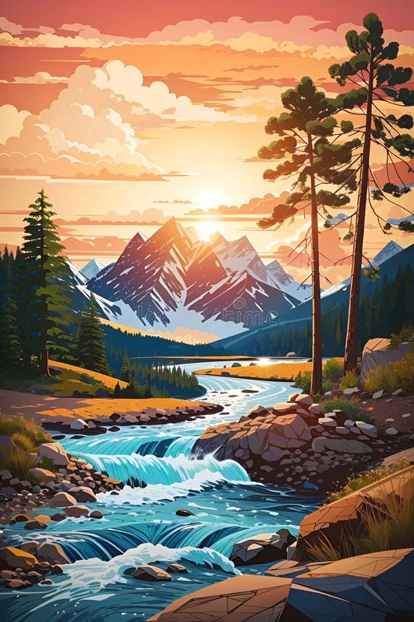 Illustration of River Stream with Sunset Stock Illustration - Illustration of pine, detailed ...