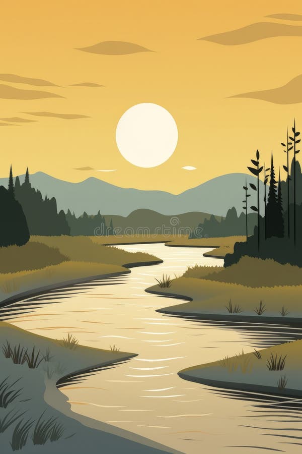 An Illustration of a River at Sunset Stock Illustration - Illustration ...