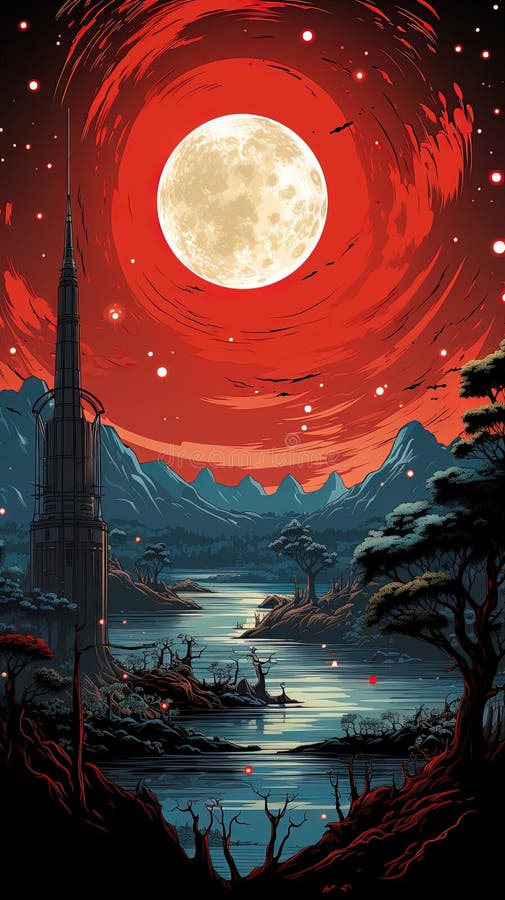 Illustration of a River Winding between Hills with the Moon and Stars ...